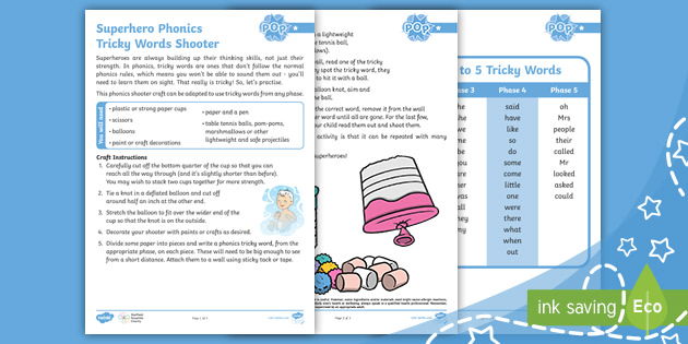 Superhero Phonics Tricky Words Shooter Craft and Activity