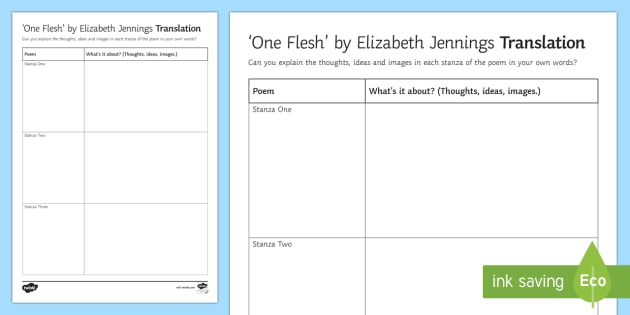 GCSE Poetry - 'One Flesh' by Elizabeth Jennings HA Translation Worksheet
