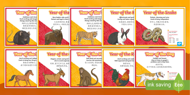 Lunar New Year Zodiac Display Posters English/Mandarin