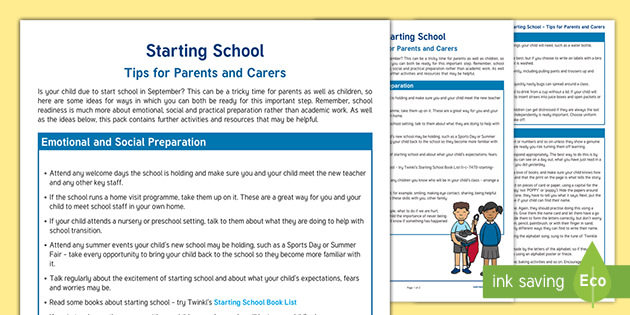 Starting School Hints and Tips Parent and Carer Information Sheet