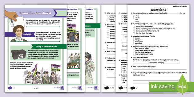 LKS2 Emmeline Pankhurst Reading Comprehension - Twinkl