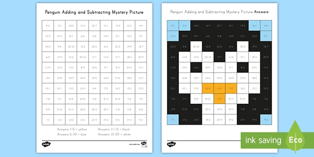 Penguin Adding and Subtracting Mystery Picture Activity