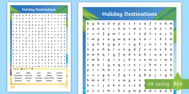 Holiday Destinations Word Search - cities, city, tourism, tourist