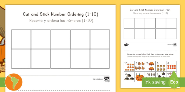 Fall Themed Cut and Stick Number Ordering Sheet 1-10 English/Spanish