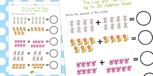 The Lion and the Mouse Up to 20 Addition Sheet