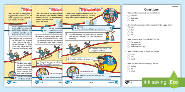 KS1 Pinocchio Differentiated Reading Comprehension Activity