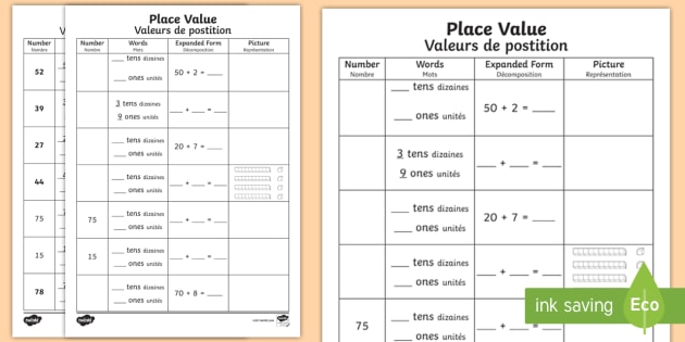 Place Value Worksheet / Worksheet English/French - Place Value Worksheet