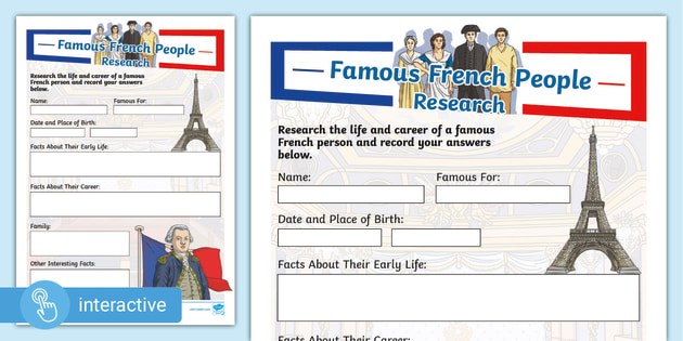 Interactive PDF: Famous French People Research Activity Sheet