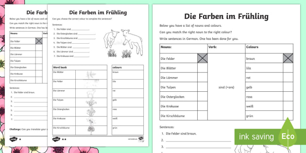 Spring Sentences Word Fill: Differentiated Worksheet / Worksheets German