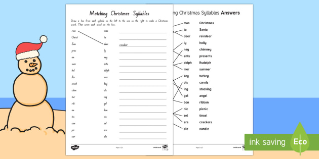 New Zealand Christmas Match the Syllables Worksheet / Worksheet