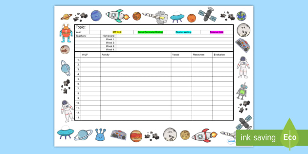Space Themed Editable Mid Term Planning Template - lesson plan