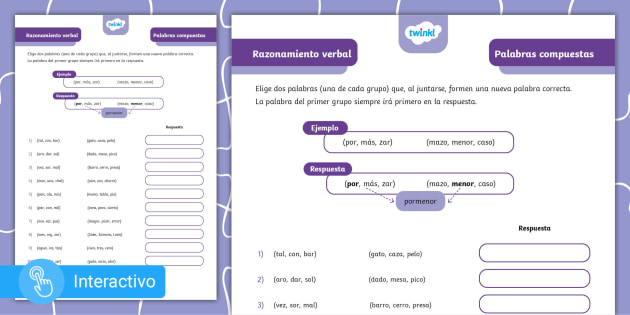 Ficha: Razonamiento Verbal - Palabras compuestas #1 - Twinkl Puzzled