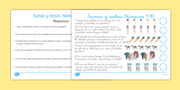 Problemas con sumas y restas 1-10 (teacher made)