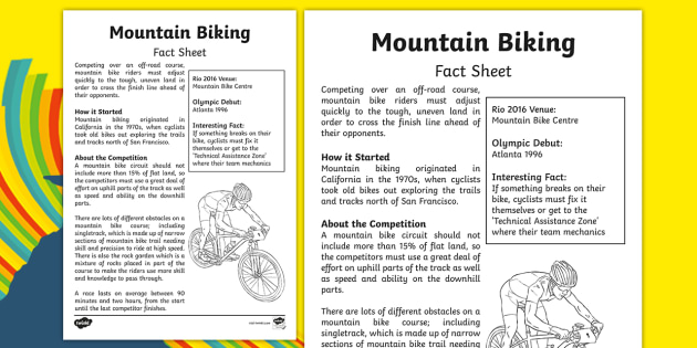 Rio 2016 Olympics Mountain Biking Fact Sheet (teacher made)