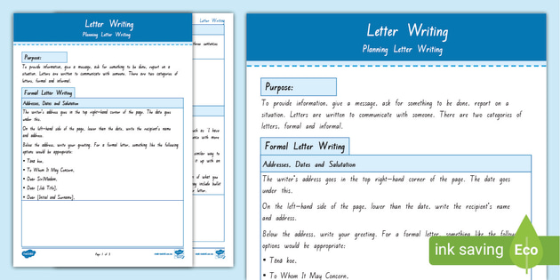 Level 3 Writing - Letter Writing Planning Sheet