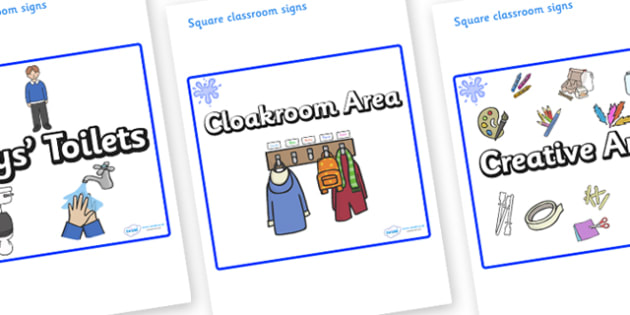 Blue Themed Editable Square Classroom Area Signs (Plain)