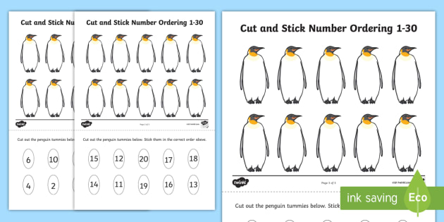 Cut and Stick Number Ordering 1 - 30 Penguin Activity