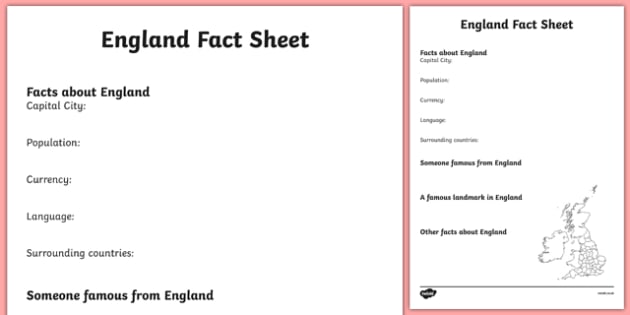 England Facts for Kids Writing Template | Geography Resource