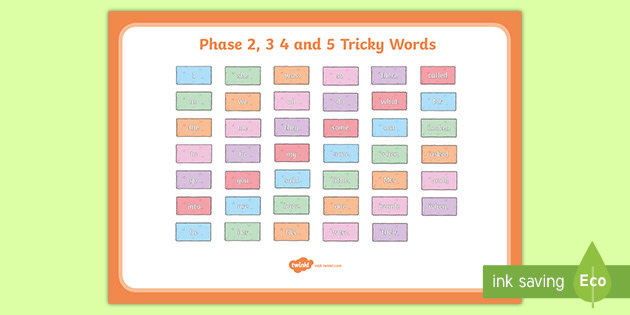 Phase 2, 3 4 and 5 Tricky Words on Pastel Bricks Word Mat