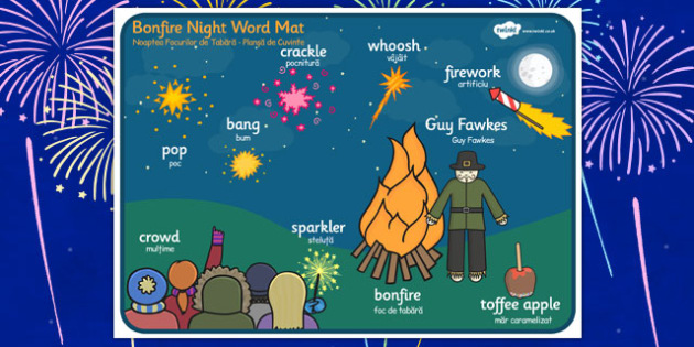 Bonfire Night Scene Word Mat Romanian Translation - romanian