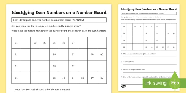 Identifying Even Numbers on a Number Board Worksheet / Worksheet