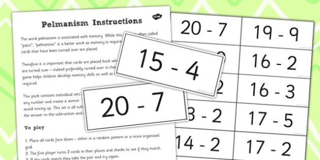FREE! - Pelmanism Subtraction Facts Game 11 to 19 Using 1 to 10 - maths