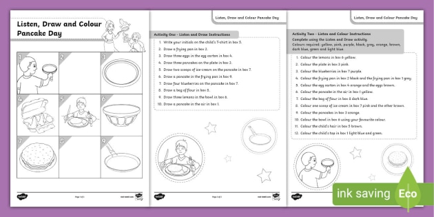 Listen, Draw and Colour Pancake Day Activity (teacher made)