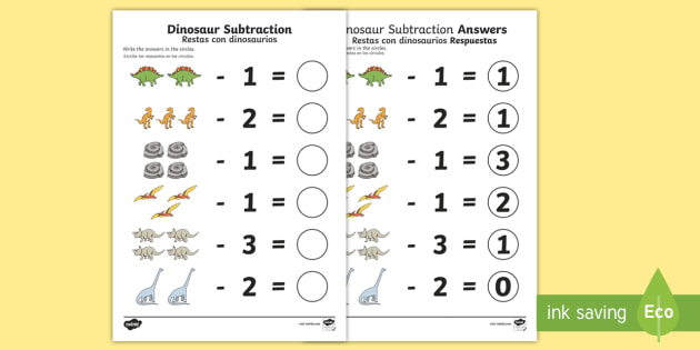 Dinosaur Themed Subtraction Worksheet English/Spanish