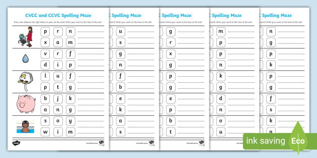 CVCC and CCVC Spelling Maze Worksheet (teacher made)