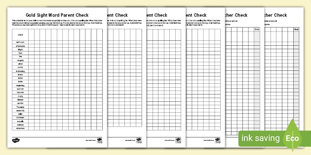 Gold Reading Sight Word Checklist