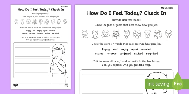 My Emotions - How Do I Feel? Check In Worksheet - Emotional check in