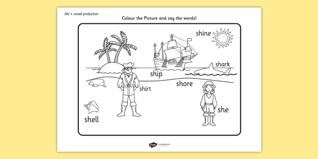 sh Sound Word Production Colouring Scene - ESL Pronunciation Resources
