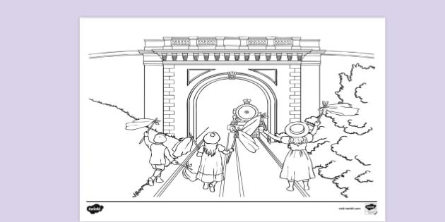 FREE! - railway children waving flags at train Colouring | Colouring Sheets