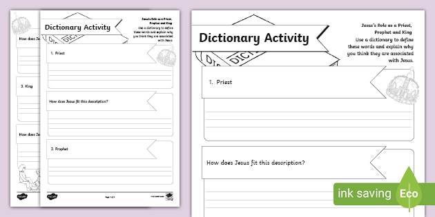 Jesus's Role as a Priest, Prophet And King Dictionary Worksheet
