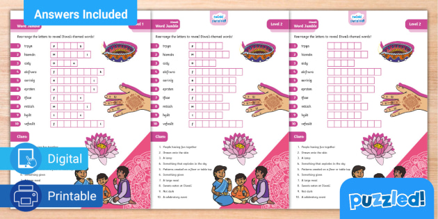 Fun Diwali Word Jumble Puzzle Pack - Twinkl Puzzled