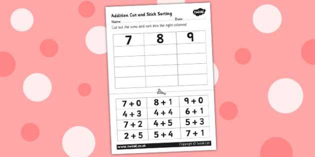 7, 8, 9 Addition Cut and Stick Activity