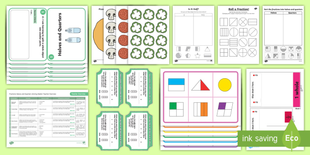 Halves and Quarters Activities – Fractions Stations – CfE