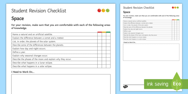 Space Student Revision Checklist (teacher made)