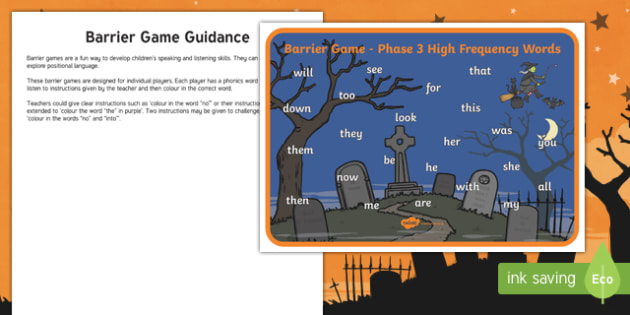 Halloween Themed Phase Three High Frequency Word Barrier Game Worksheet