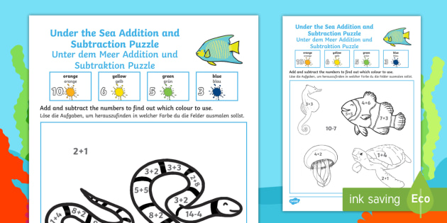 Under the Sea Themed Addition and Subtraction Puzzle English/German - Under