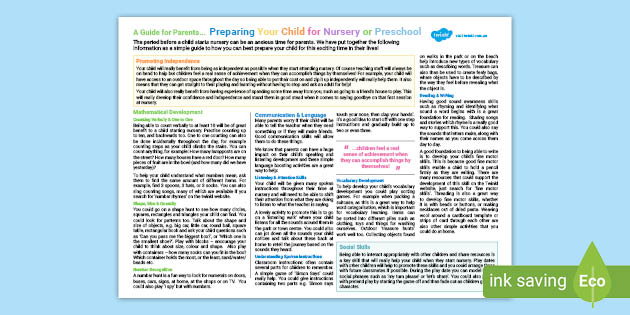 Preparing Your Child For Kindergarten/Pre-School Leaflet