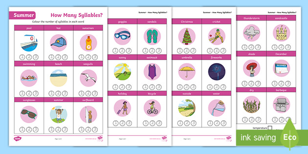 How Many Syllables? Summer Worksheet (teacher made)