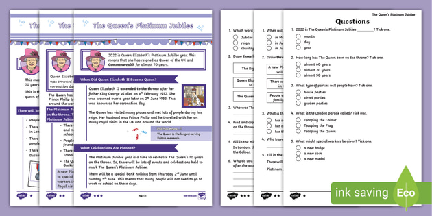 KS1 The Queen's Platinum Jubilee Reading Comprehension