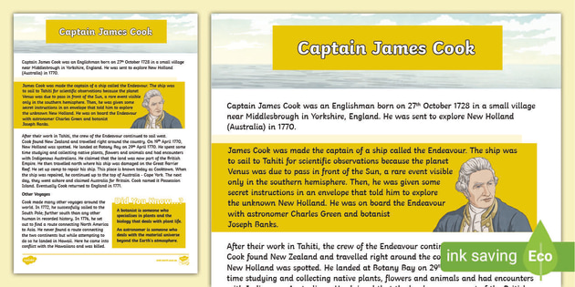 The First Fleet Captain James Cook Information Sheet