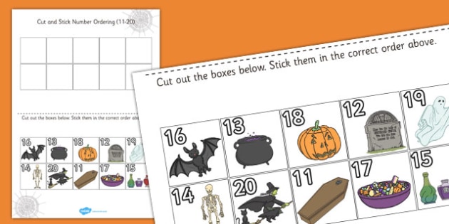 Halloween Themed Cut and Stick Number Ordering Activity 11-20 - halloween