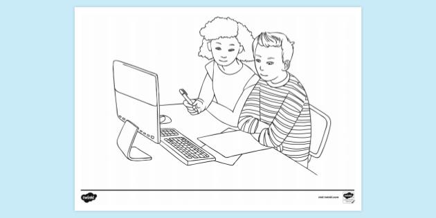FREE! - Children at a PC with Pen and Paper Colouring Sheet