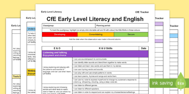 Literacy and English CfE Early Level Tracker (teacher made)