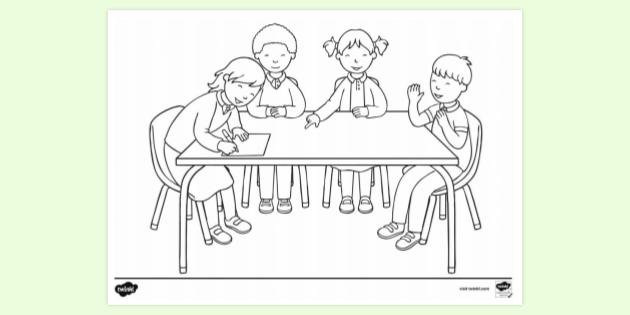 FREE! - Children at a Table Studying Colouring Sheet | Twinkl