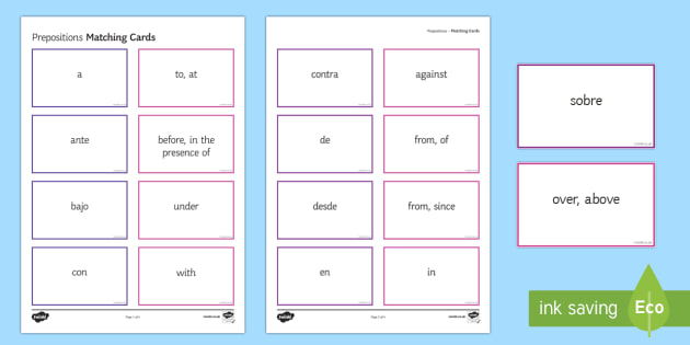 Preposition Matching Cards Spanish (teacher made)