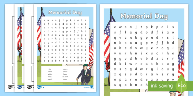 Memorial Day Word Search - Memorial Day, world war, remember, remembrance